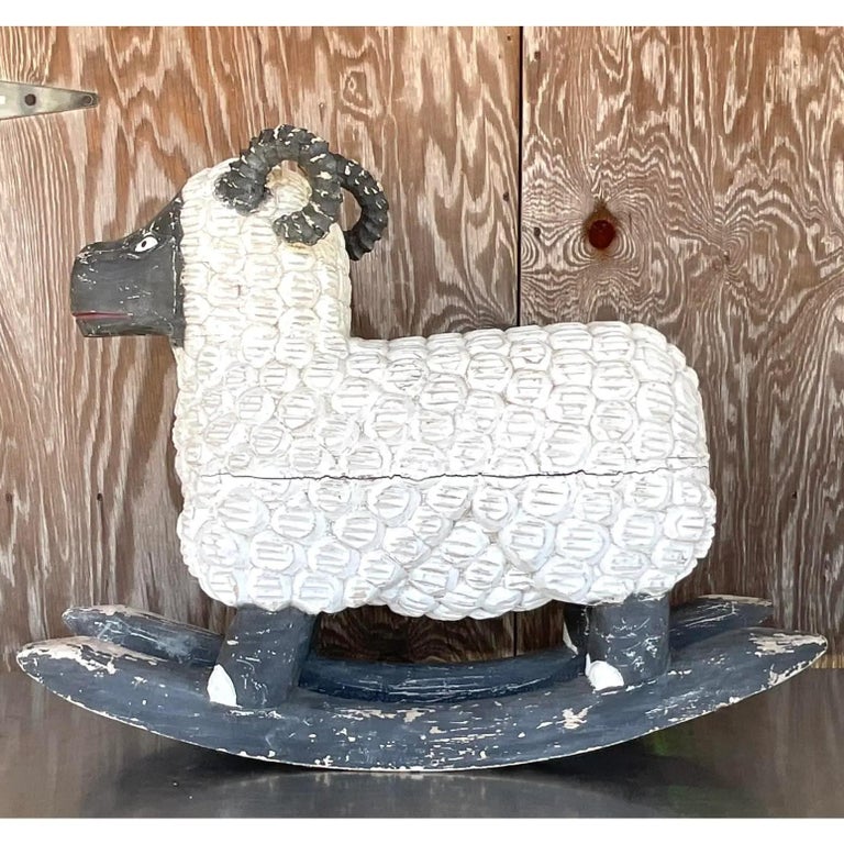 Vintage Hand Carved Folk Art Rocking Sheep For Sale at 1stDibs