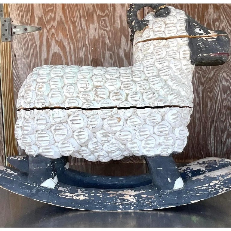 Vintage Hand Carved Folk Art Rocking Sheep For Sale at 1stDibs
