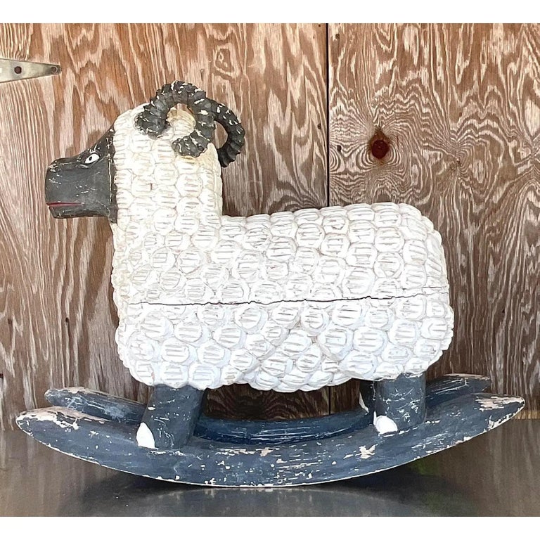 Vintage Hand Carved Folk Art Rocking Sheep For Sale at 1stDibs