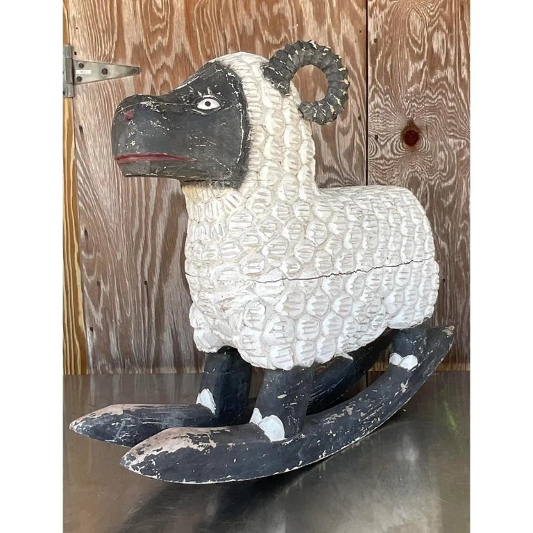 Vintage Hand Carved Folk Art Rocking Sheep For Sale at 1stDibs