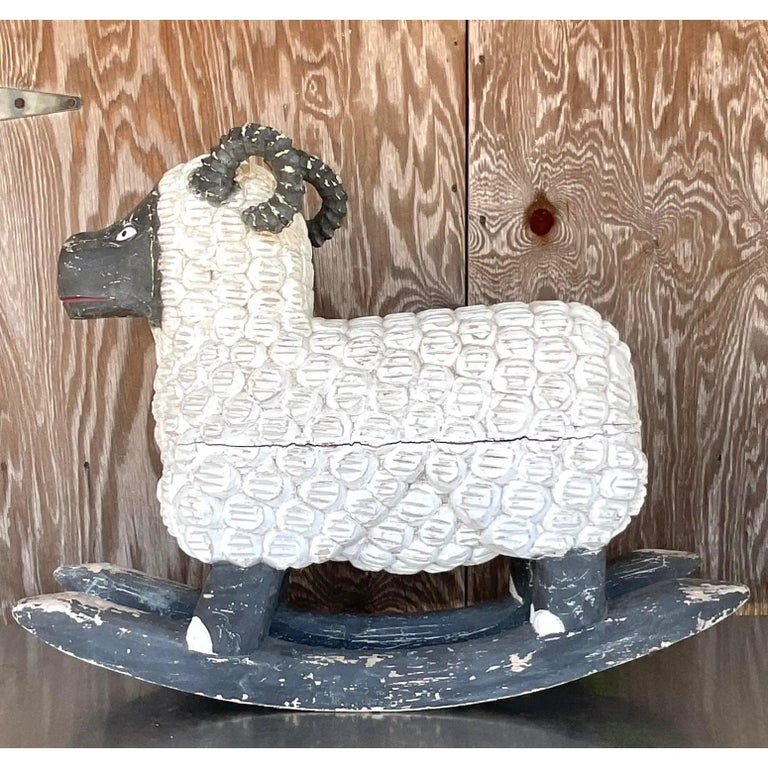 Vintage Hand Carved Folk Art Rocking Sheep For Sale at 1stDibs