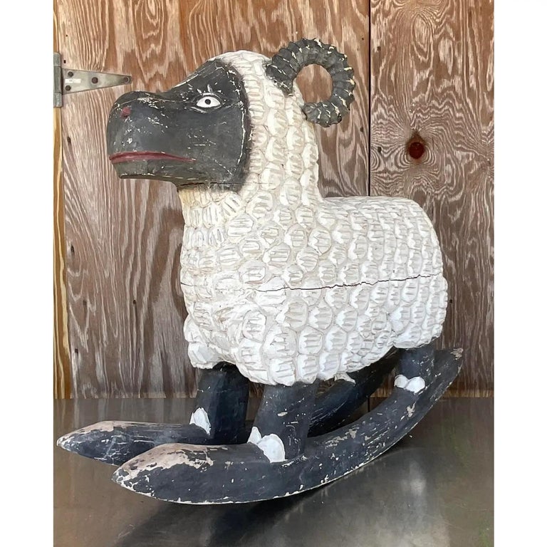 Vintage Hand Carved Folk Art Rocking Sheep For Sale at 1stDibs
