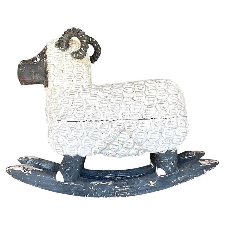 Vintage Hand Carved Folk Art Rocking Sheep For Sale at 1stDibs