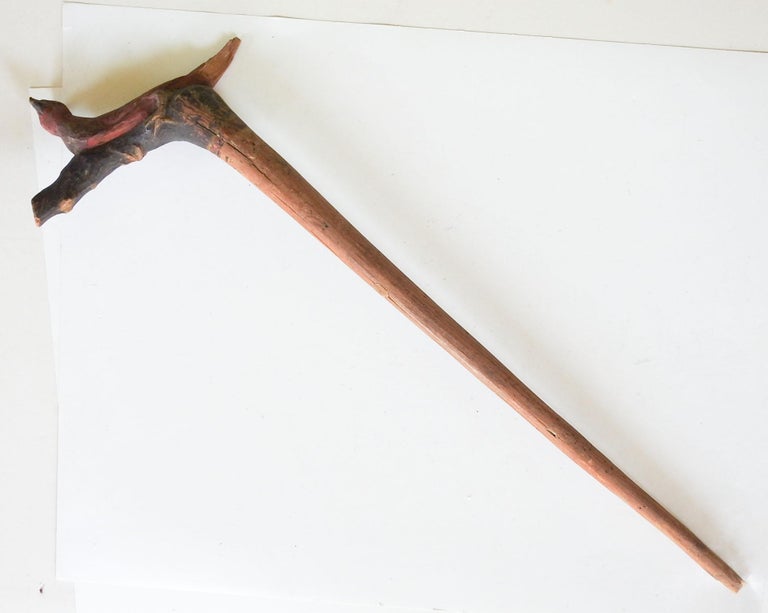 Vintage Hand Carved Folk Art Walking Cane with Red Bird For Sale at 1stDibs
