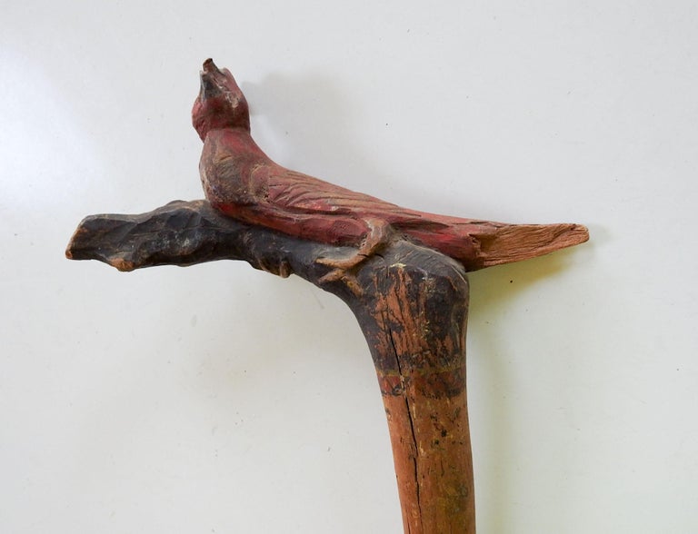 Vintage Hand Carved Folk Art Walking Cane with Red Bird For Sale at 1stDibs