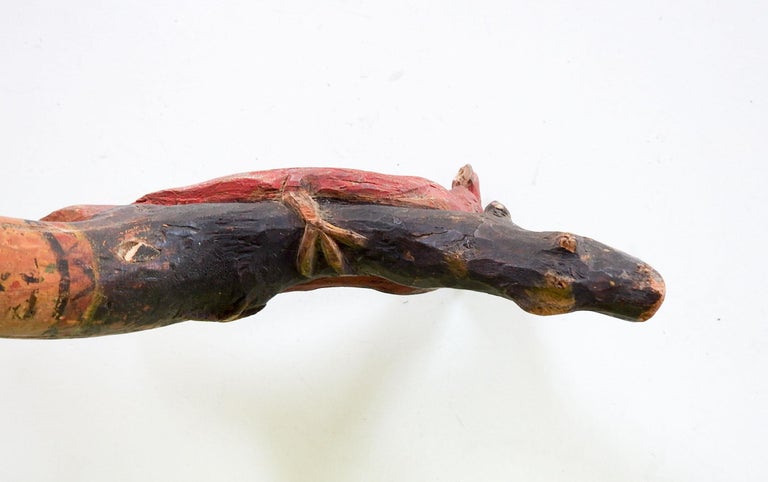 Vintage Hand Carved Folk Art Walking Cane with Red Bird For Sale at 1stDibs