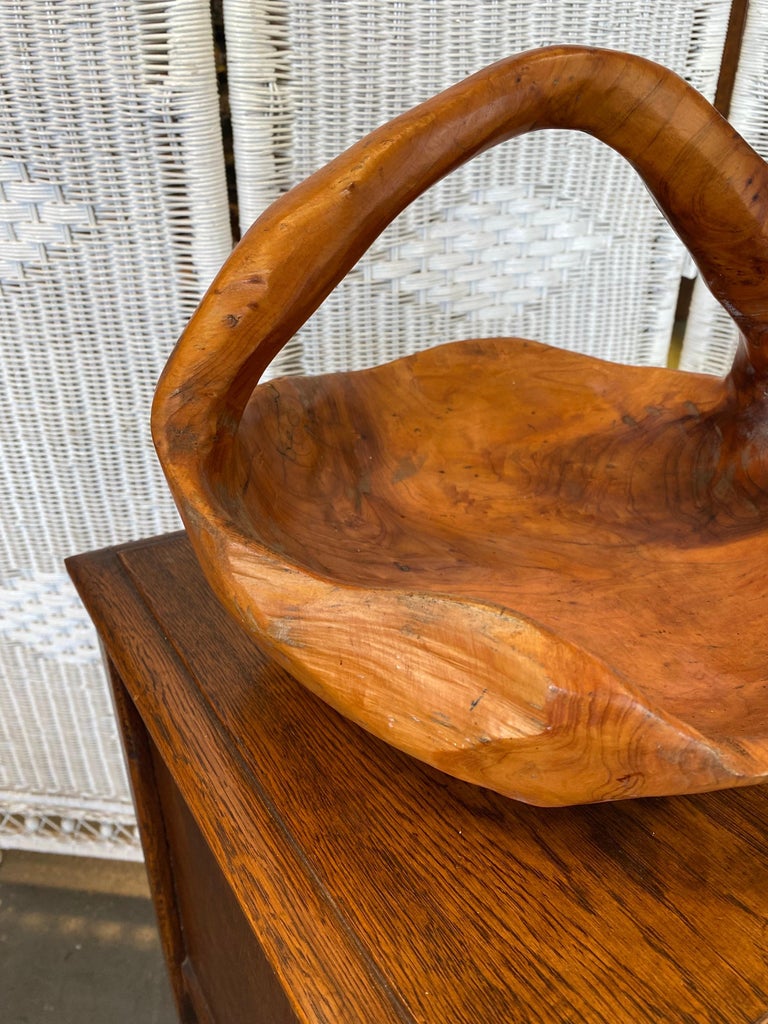 Vintage Hand Carved Redwood Burl Wood Bowl with Handle For Sale at 1stDibs