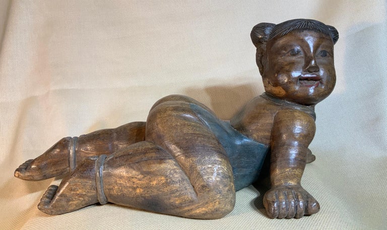Vintage Hand Carved Wood Baby Girl For Sale at 1stDibs