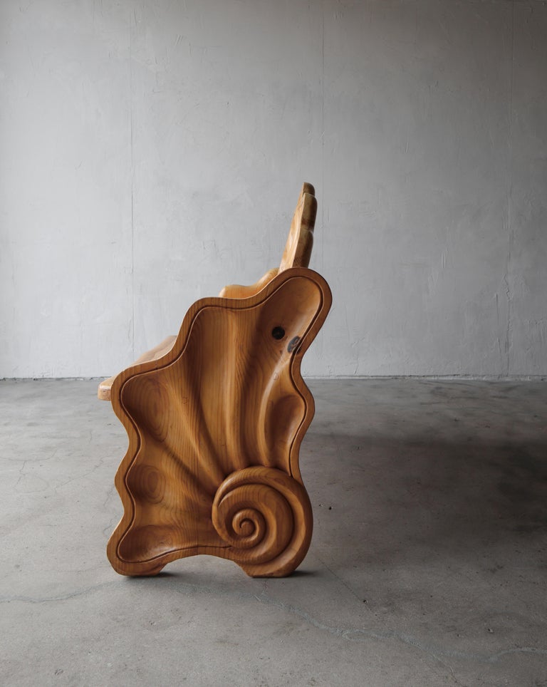 Vintage Hand Carved Wood Shell Motif Bench For Sale at 1stDibs