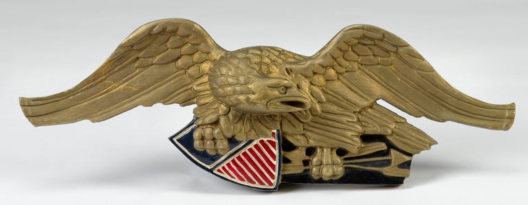 Vintage Hand Carved Wooden Eagle with Shield and Arrows For Sale at 1stDibs