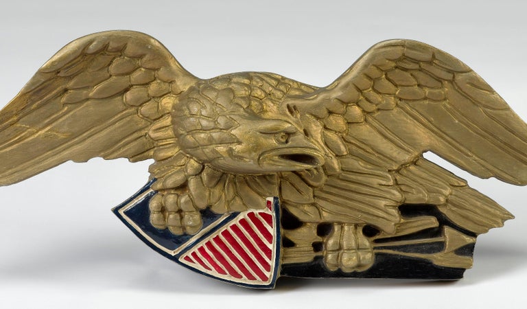Vintage Hand Carved Wooden Eagle with Shield and Arrows For Sale at 1stDibs
