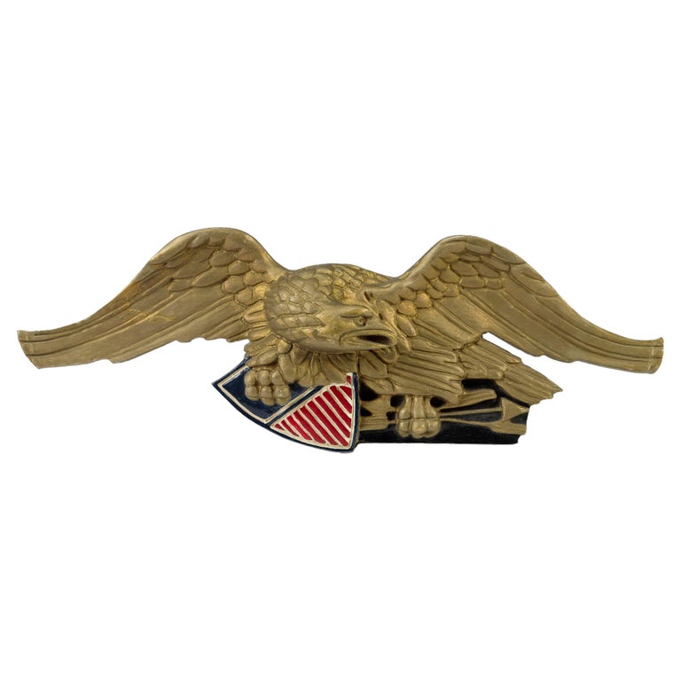 Vintage Hand Carved Wooden Eagle with Shield and Arrows For Sale at 1stDibs