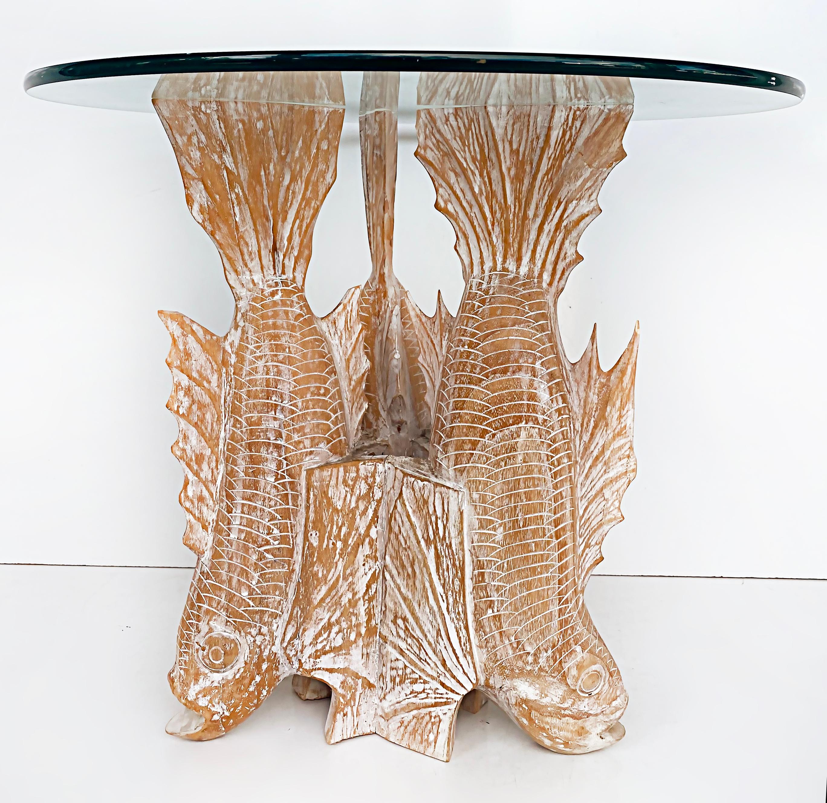 Vintage Hand-Carved Wooden Fish Accent Table with Glass Top For Sale at ...
