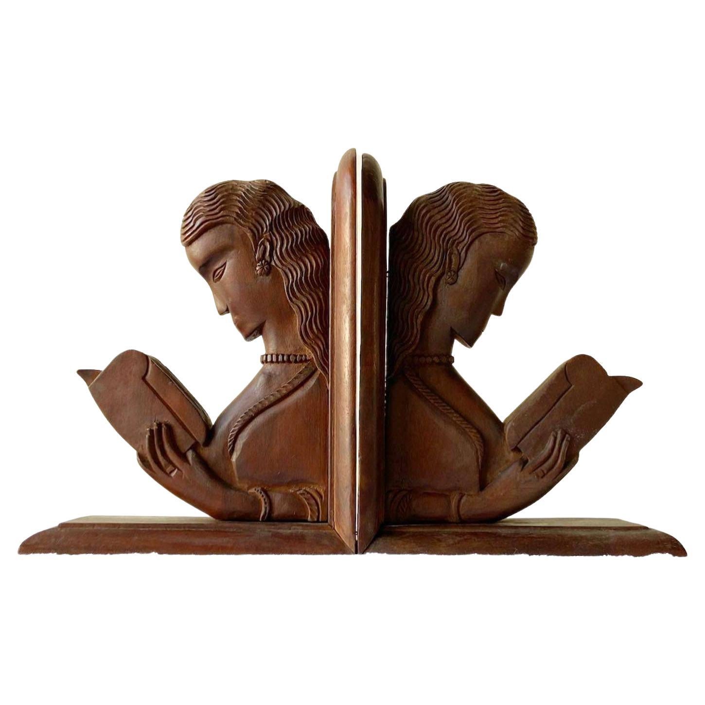 Vintage Hand Carved Wooden Lady Reading Book Ends - a Pair For Sale at ...