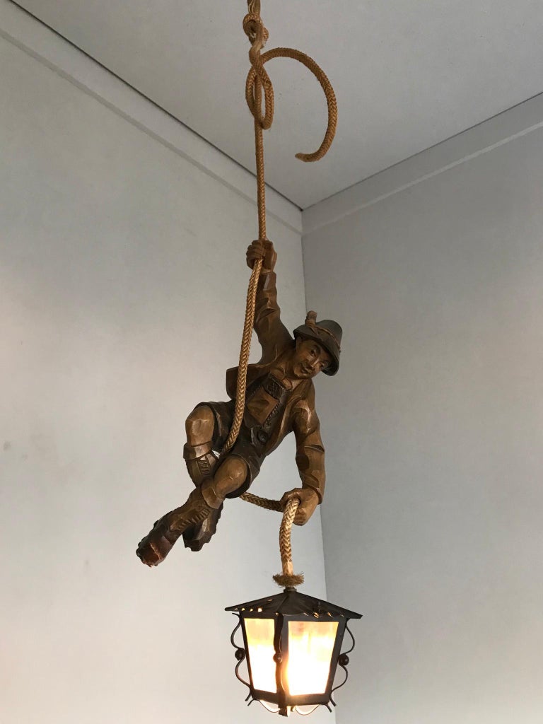 Vintage Hand-Carved Wooden Mountaineer Sculpture Pendant Light with ...