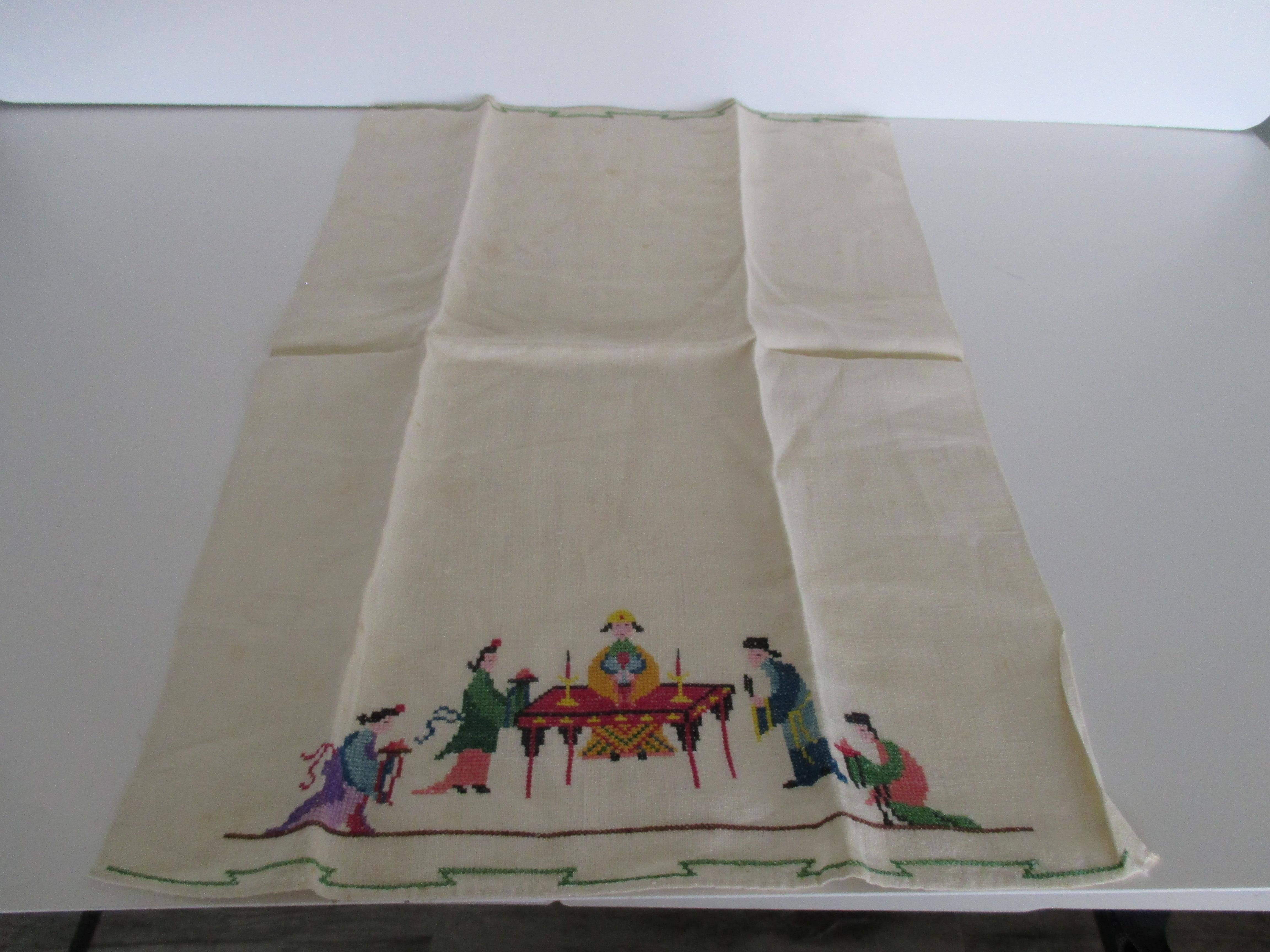 Vintage Hand Embroidered Guest Towel Depicting Asian Tea Ceremony at ...