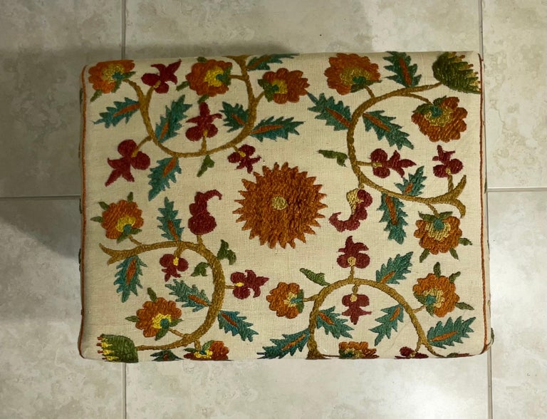 Vintage Hand Embroidery Suzani and Carved Wood Foot Stool For Sale at ...