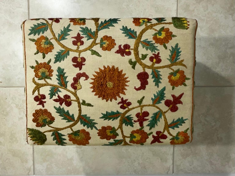Vintage Hand Embroidery Suzani and Carved Wood Foot Stool For Sale at ...