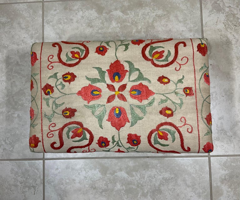 Vintage Hand Embroidery Suzani Textile Upholstered Foot Stool For Sale ...
