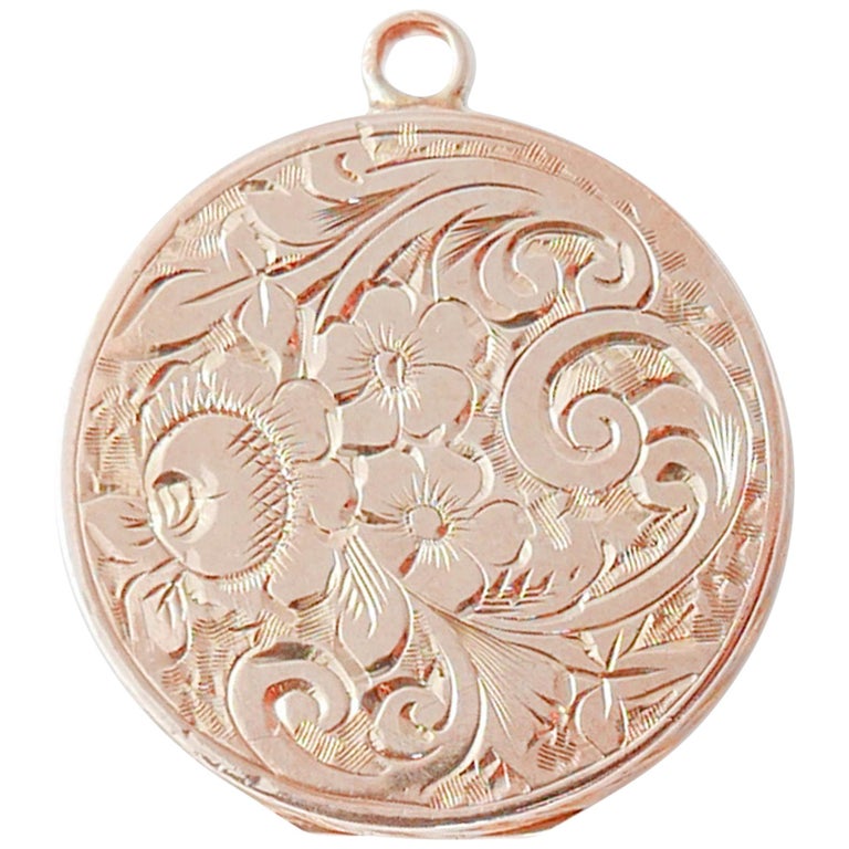 Vintage Hand-Engraved Rose Gold Locket Necklace at 1stDibs