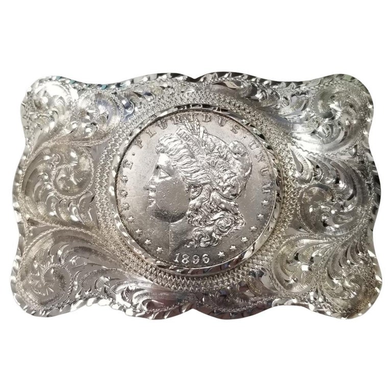 Vintage Hand Engraved Sterling Silver Belt Buckle w/ "1896" 1 Dollar ...