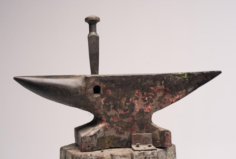 Vintage Hand Forged Iron Locksmith Anvil on a Wooden Base at 1stDibs