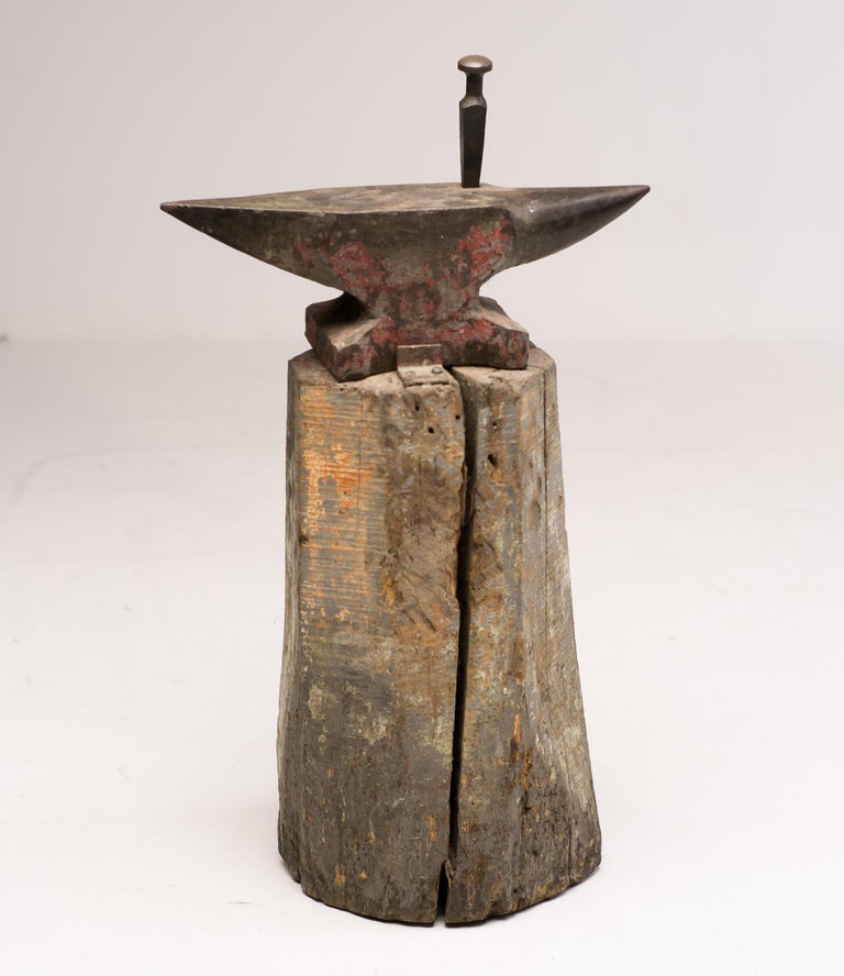 Vintage Hand Forged Iron Locksmith Anvil on a Wooden Base at 1stDibs