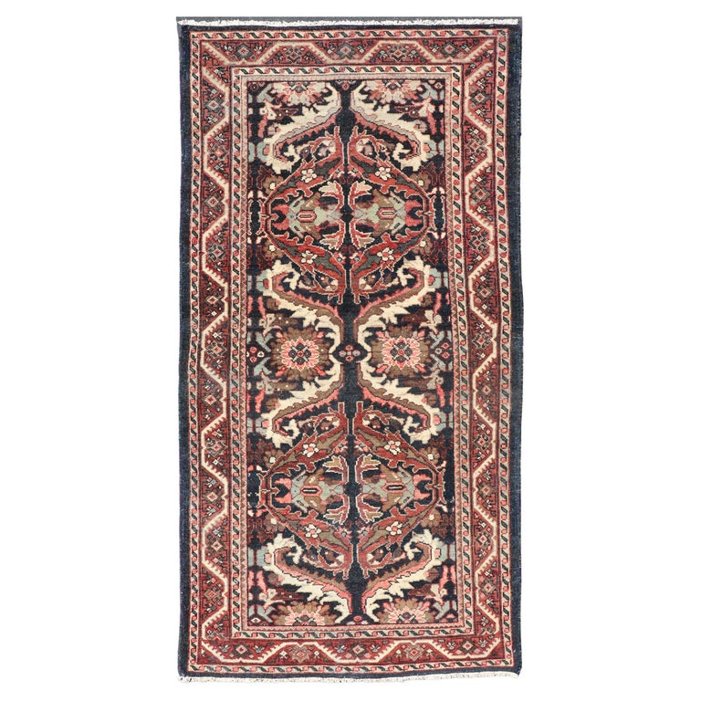 Vintage Hand Knotted Mahal Gallery Rug with Ornate Medallions on a Navy ...