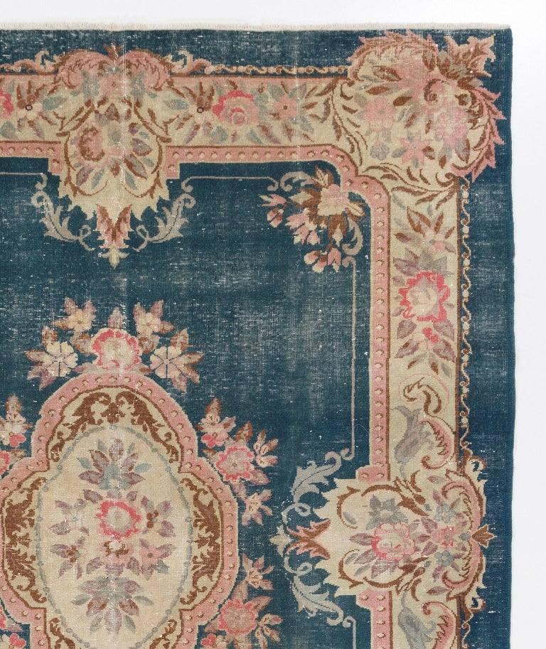 7.1 x 9.5 Ft Vintage French Aubusson Design Floral Rug in Teal Blue ...