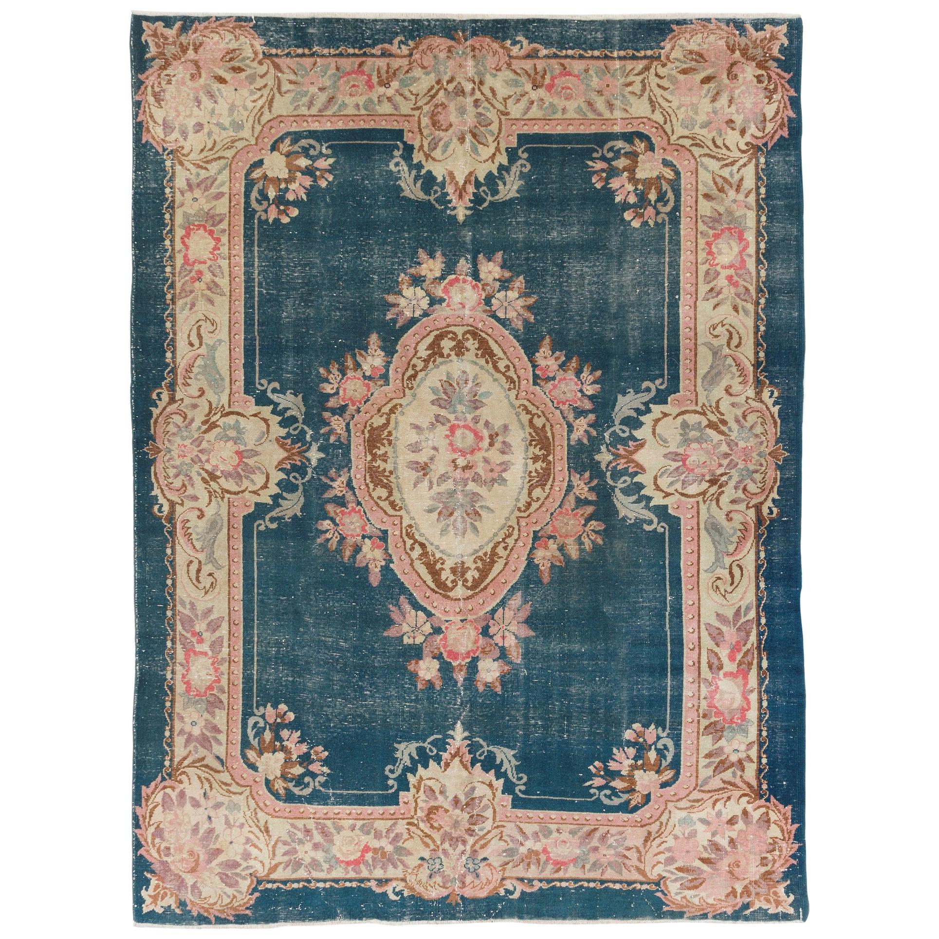 7.1 x 9.5 Ft Vintage French Aubusson Design Floral Rug in Teal Blue ...