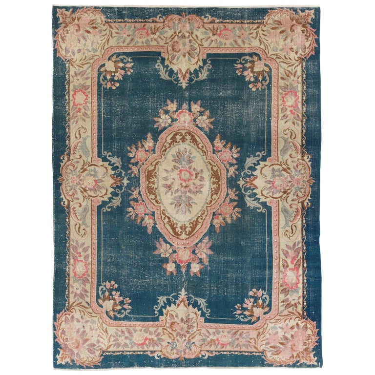 7.1 x 9.5 Ft Vintage French Aubusson Design Floral Rug in Teal Blue ...