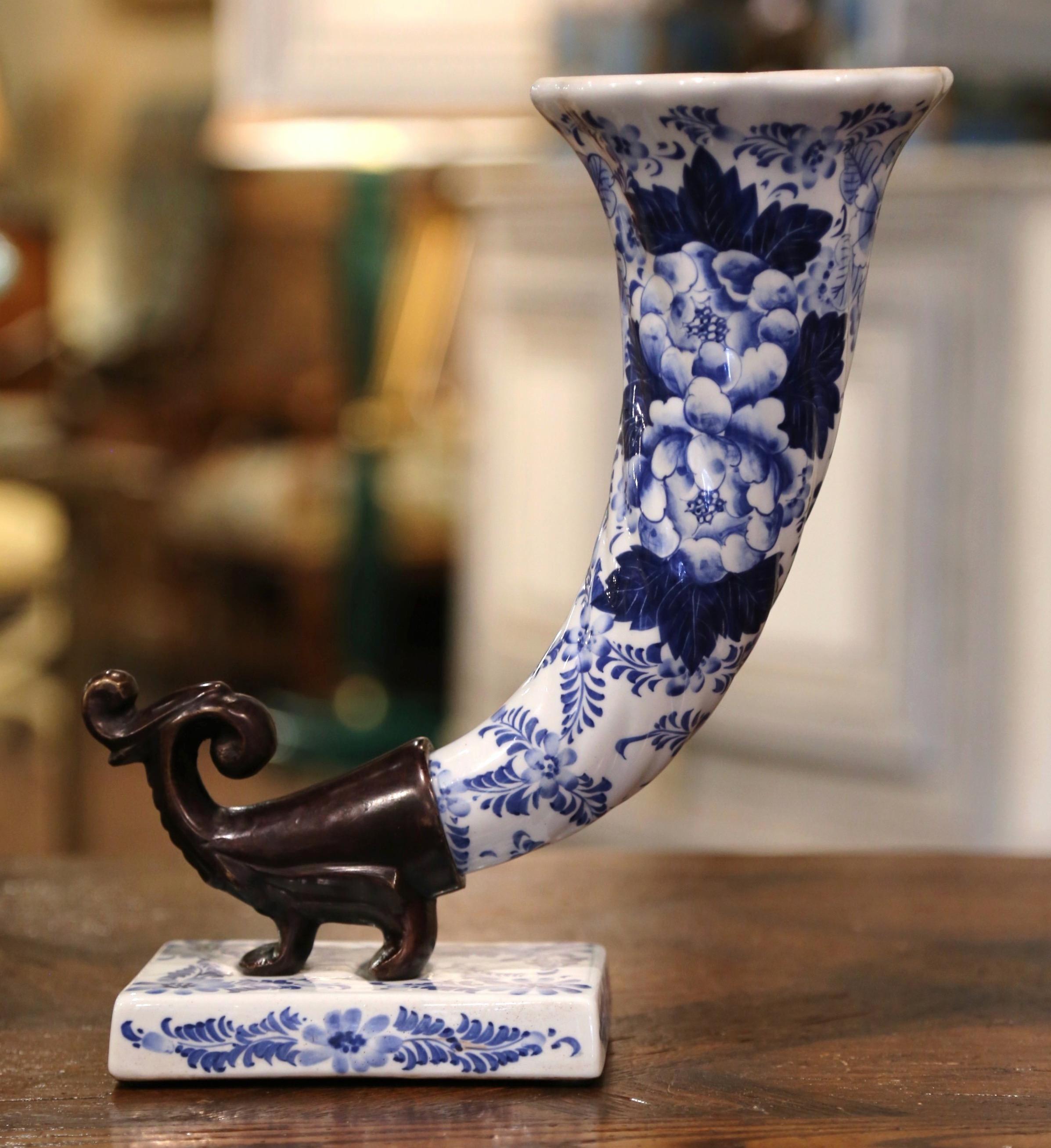 Vintage Hand Painted Blue and White Faience and Bronze Cornucopia Vase ...