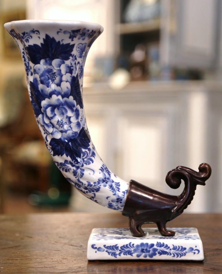 Vintage Hand Painted Blue and White Faience and Bronze Cornucopia Vase ...