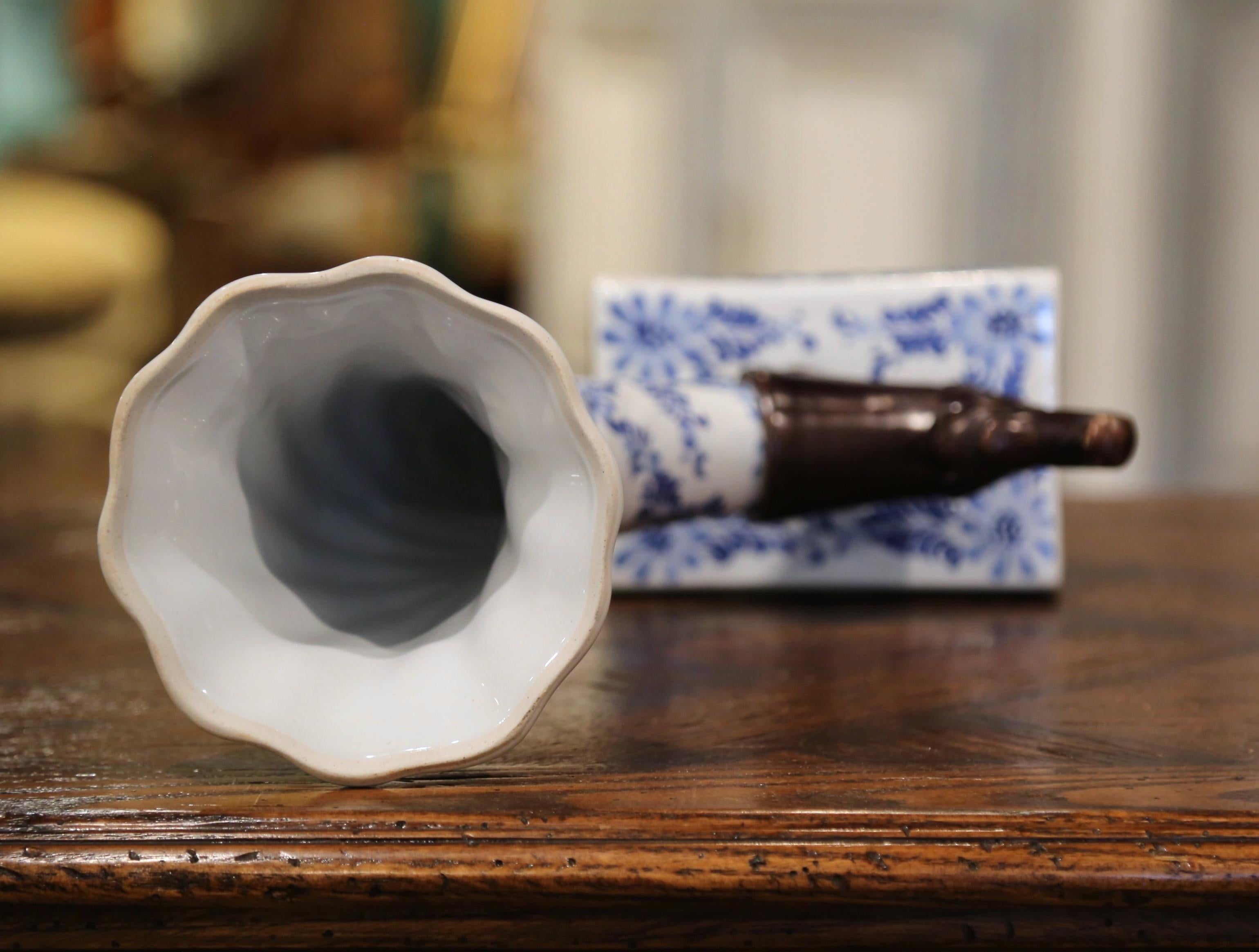 Vintage Hand Painted Blue and White Faience and Bronze Cornucopia Vase ...