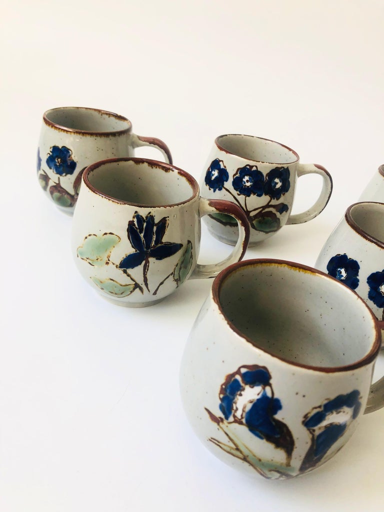 Vintage Hand Painted Floral Pottery Mugs For Sale at 1stDibs