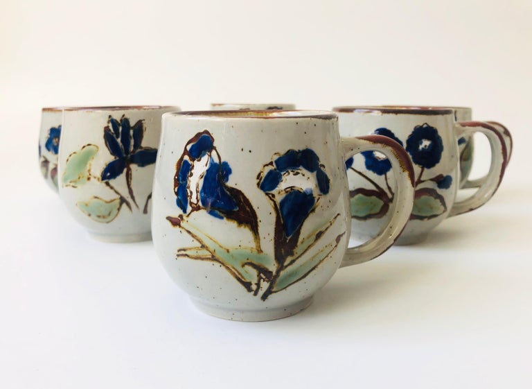 Vintage Hand Painted Floral Pottery Mugs For Sale at 1stDibs