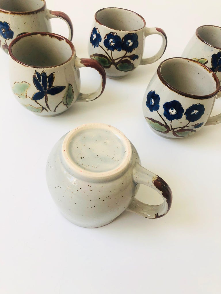 Vintage Hand Painted Floral Pottery Mugs For Sale at 1stDibs