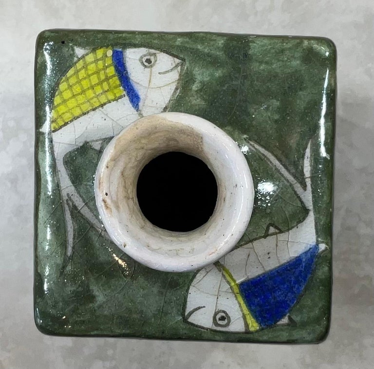 Vintage Hand Painted Square Ceramic Fish Vase For Sale at 1stDibs