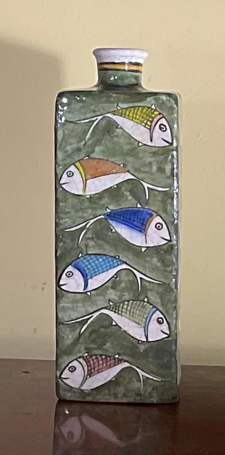 Vintage Hand Painted Square Ceramic Fish Vase For Sale at 1stDibs