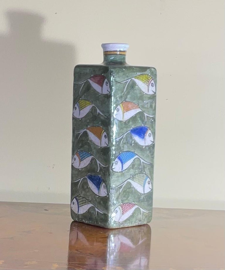 Vintage Hand Painted Square Ceramic Fish Vase For Sale at 1stDibs
