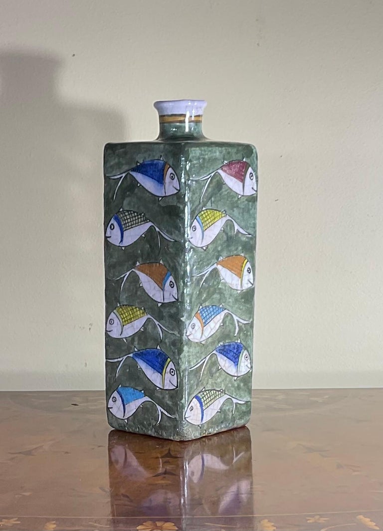 Vintage Hand Painted Square Ceramic Fish Vase For Sale at 1stDibs
