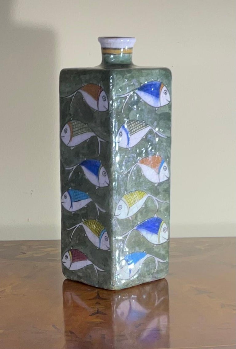 Vintage Hand Painted Square Ceramic Fish Vase For Sale at 1stDibs
