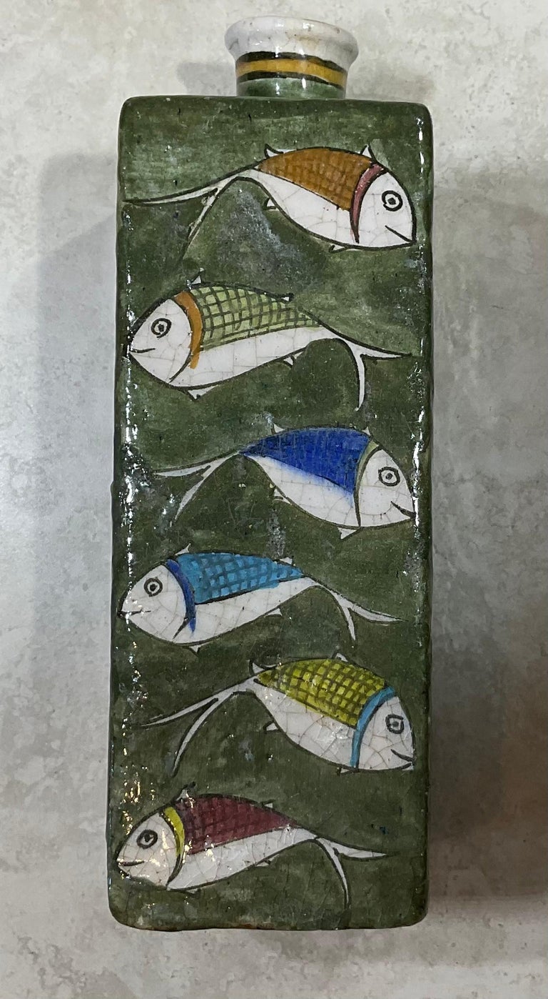 Vintage Hand Painted Square Ceramic Fish Vase For Sale at 1stDibs