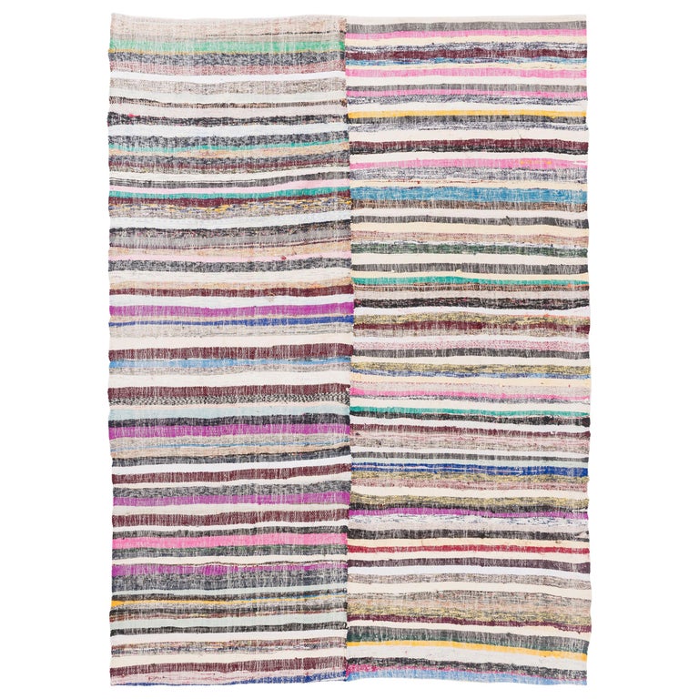 7x9.7 Ft Vintage Hand-Woven Cotton Rag Rug from Turkey, Flat-Weave ...