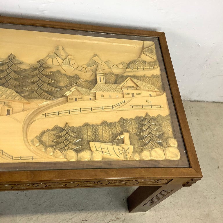 Vintage Hand Carved Decorator Coffee Table with Glass Top For Sale at ...