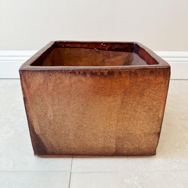 Vintage Handmade Glazed Terracotta Square Planter For Sale at 1stDibs