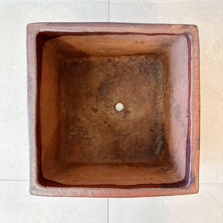 Vintage Handmade Glazed Terracotta Square Planter For Sale at 1stDibs