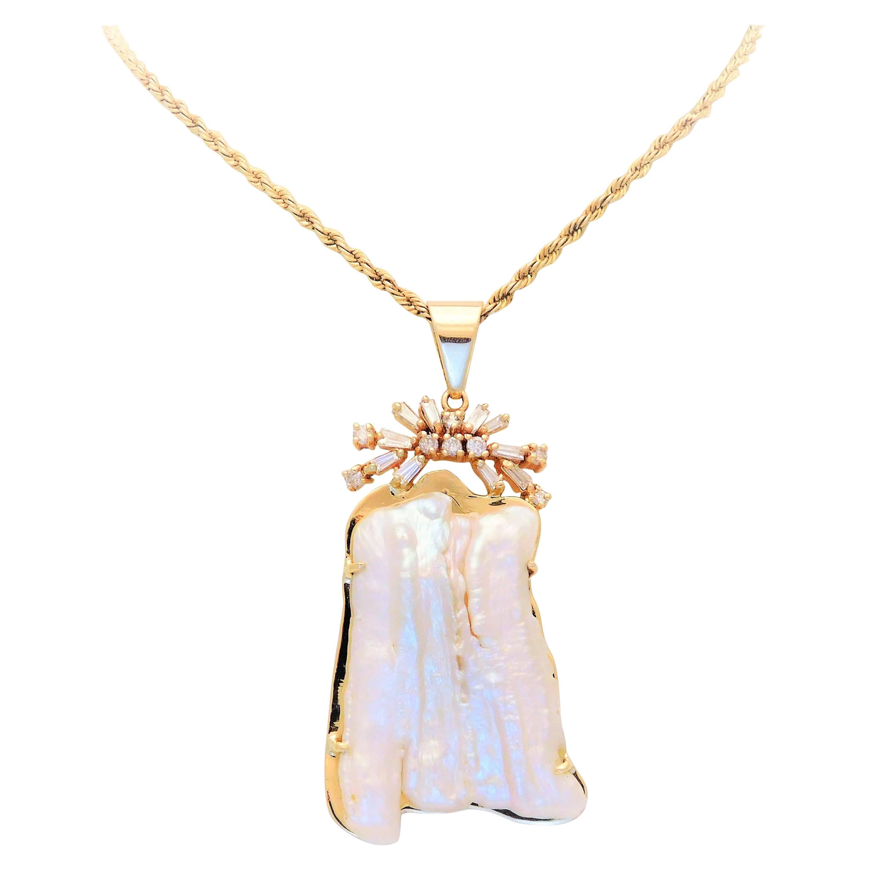 Vintage Handmade Rice Pearl and Diamond Pendant For Sale at 1stDibs