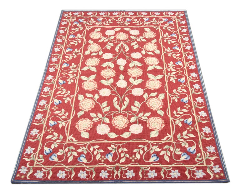 Vintage Handwoven Aubusson Style Area Rug Traditional Red Floral Rug ...