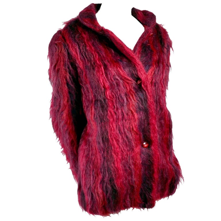 Vintage Handwoven Nano Fuzzy Mohair Coat in Red and Purple With Satin ...